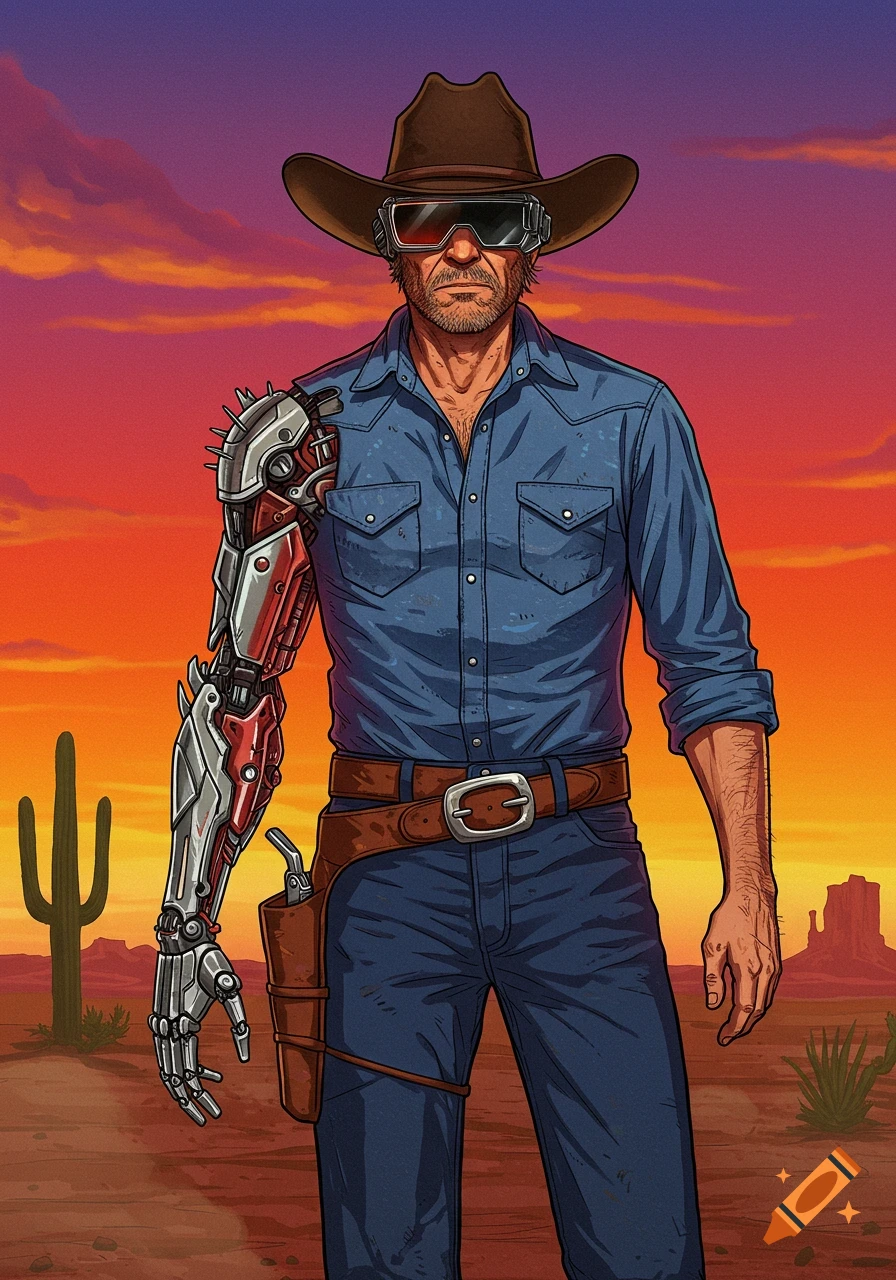 Illustration of a cowboy with a cyborg arm and visor in a desert sunset ...