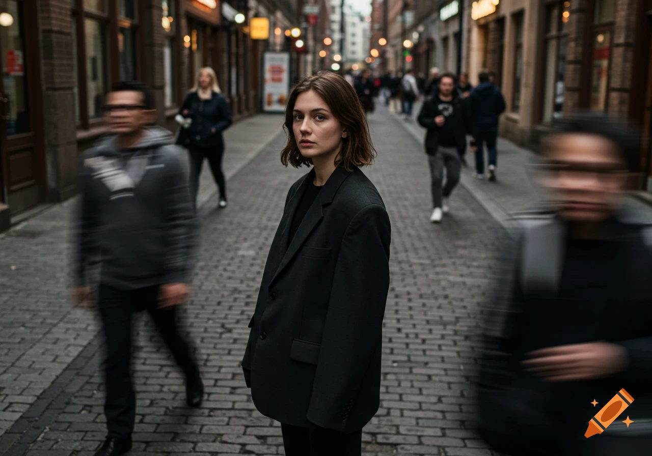 Woman in oversized black blazer stands in a busy city street with a ...