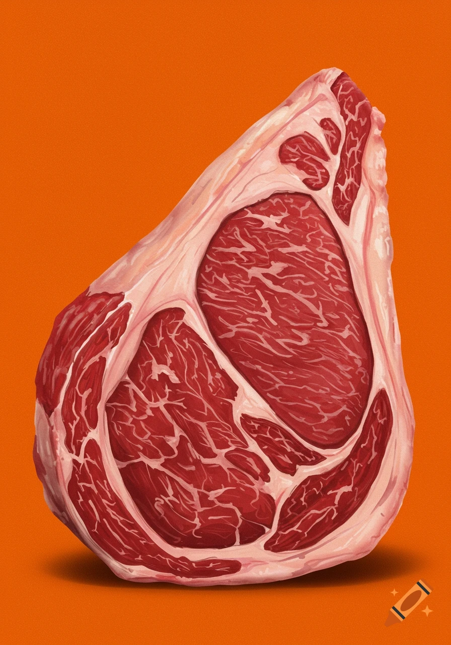 Close-up digital painting of a raw beef cut against an orange background. on Craiyon