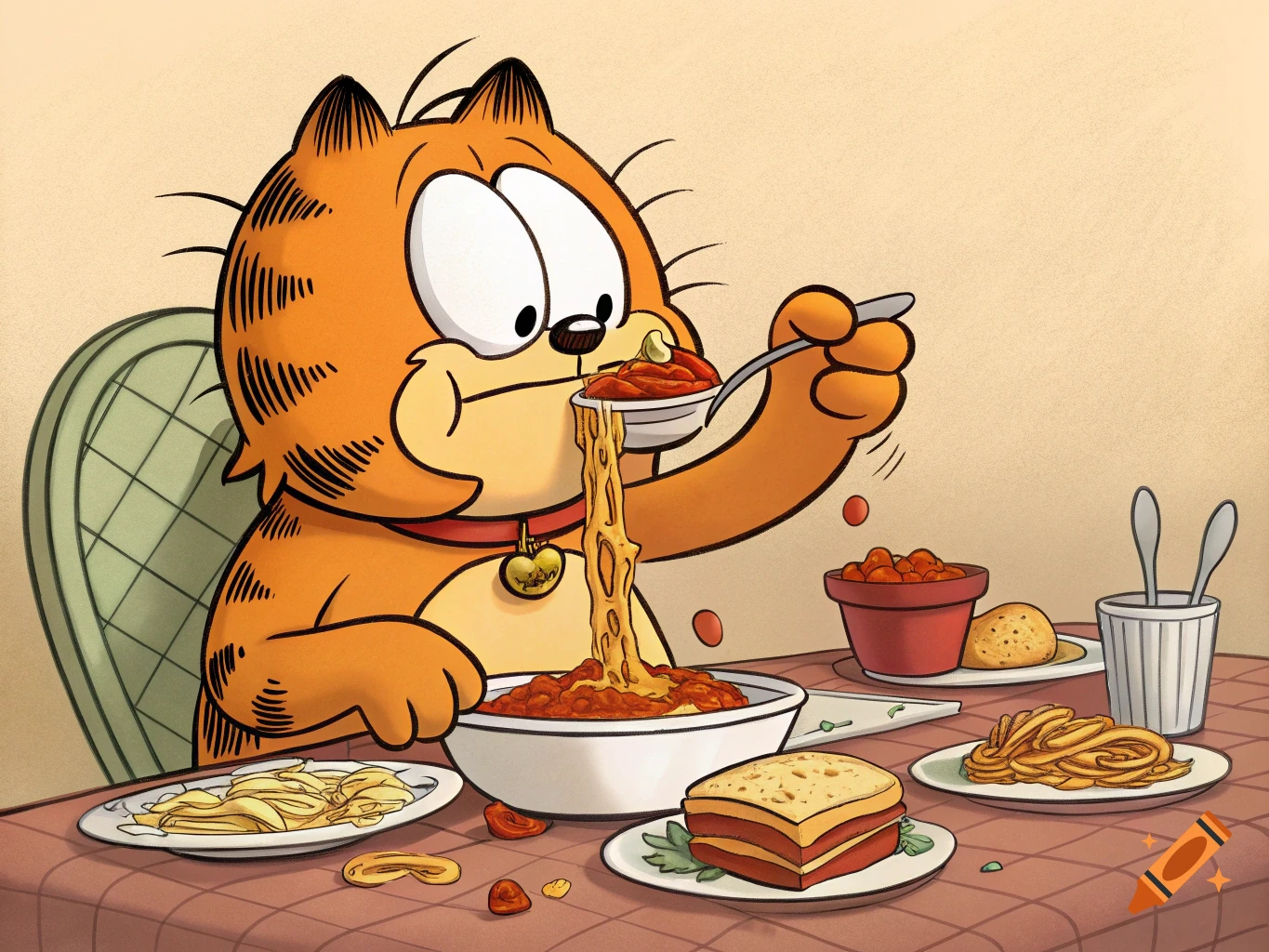 Cartoon Garfield greedily eats a large bowl of spaghetti at a table ...