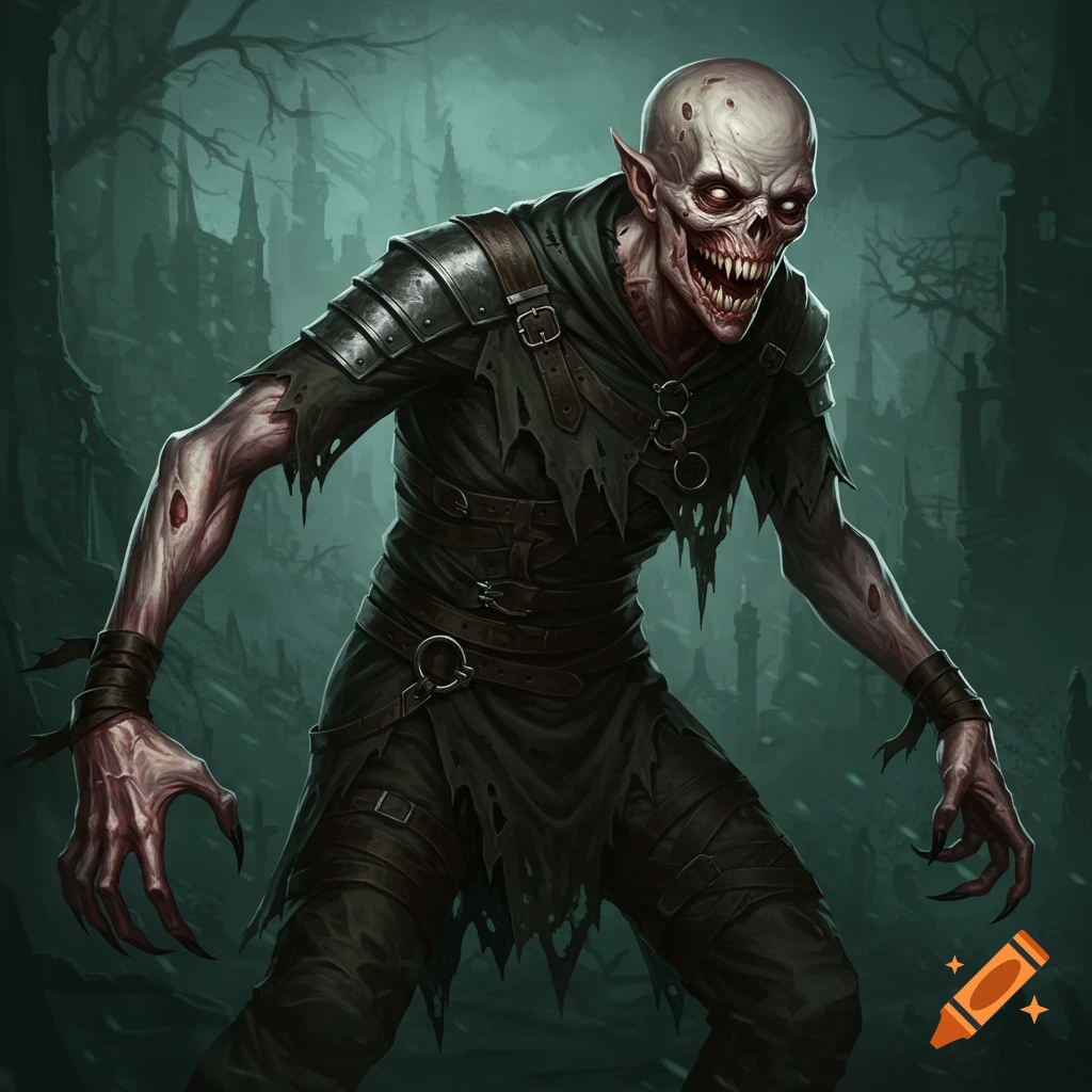 A monstrous ghoul creature with glowing eyes and sharp teeth stands in ...