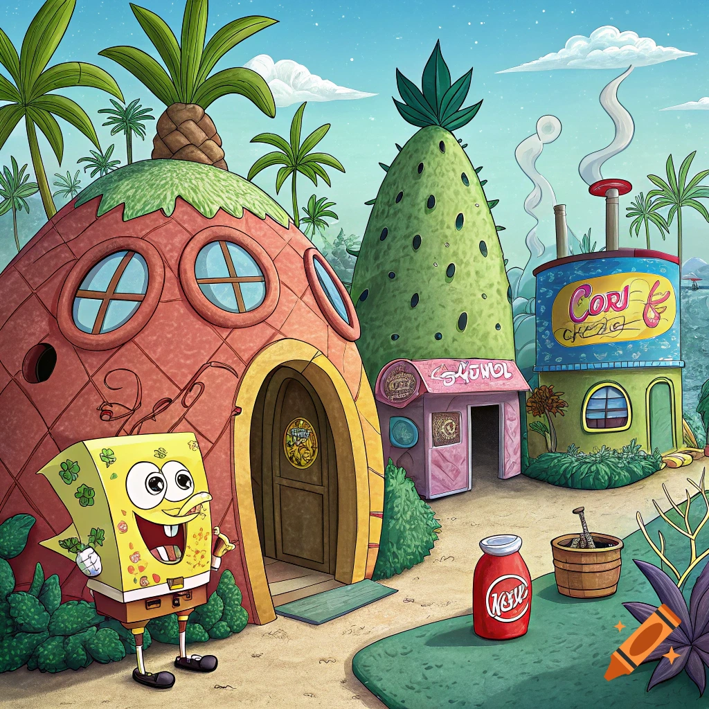SpongeBob SquarePants stands outside his pineapple house in a cartoon ...