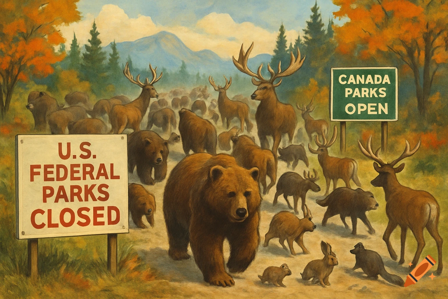Animals walk past signs for closed US and open Canada parks in an ...