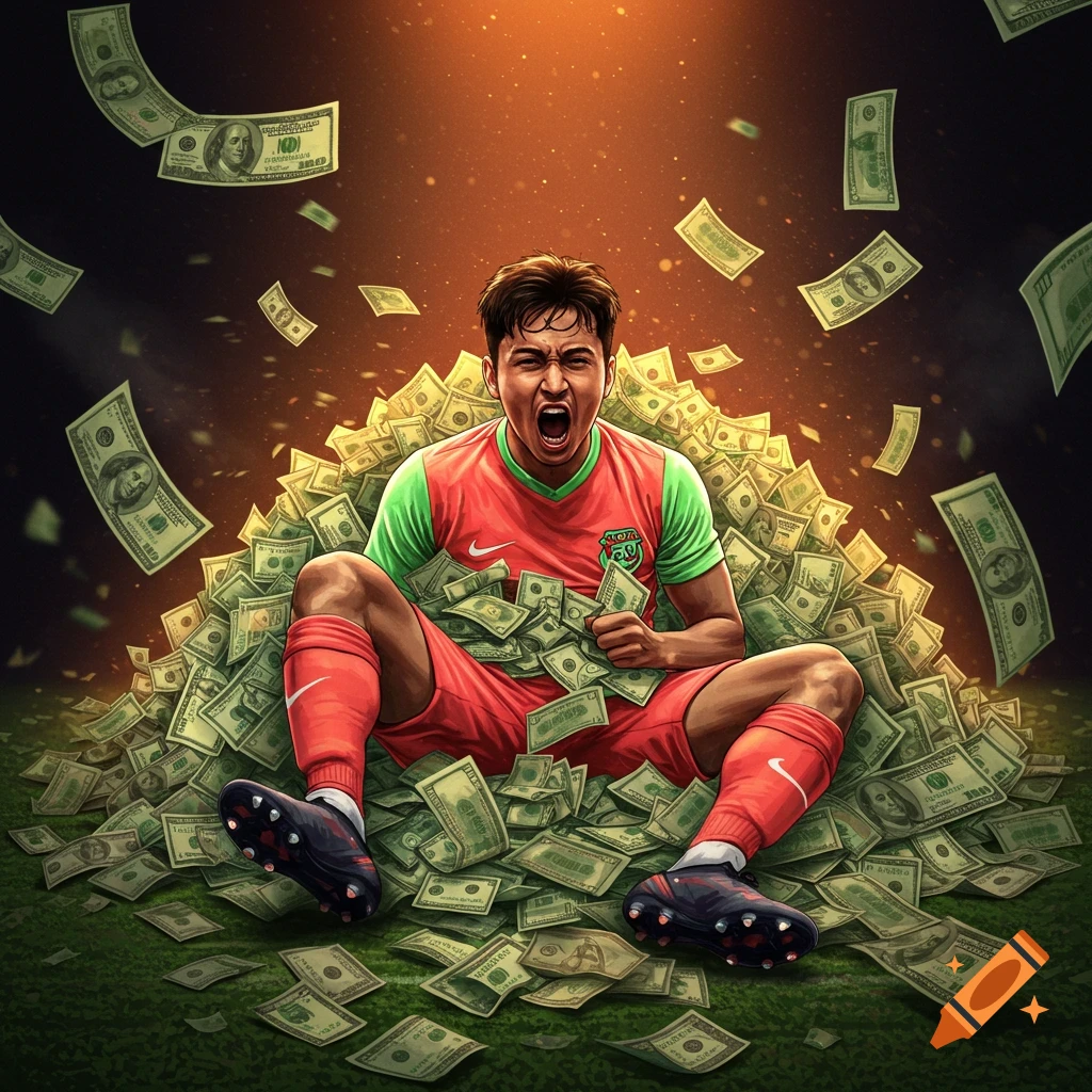 Footballer sits ecstatically on a huge pile of money with bills raining ...