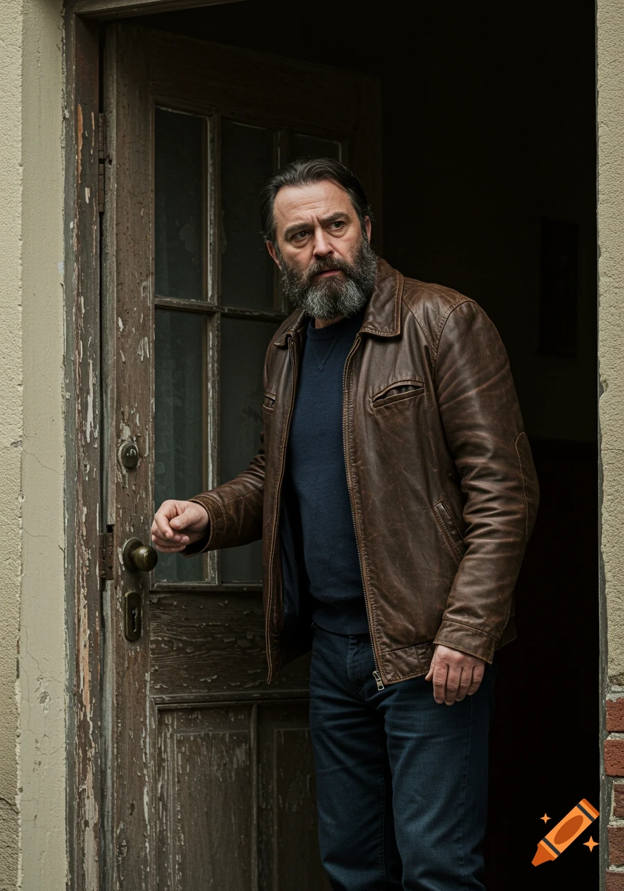 A man with a beard stands at a weathered wooden door, reaching for the ...