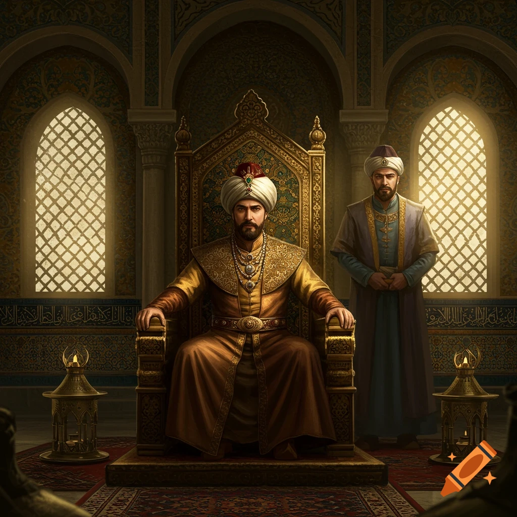 A ruler in ornate robes sits on a golden throne in a palace with ...