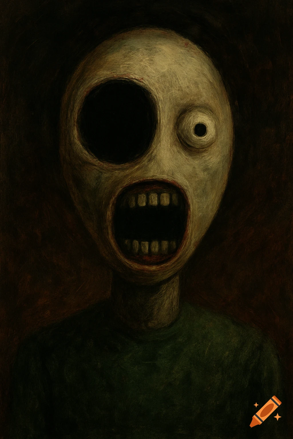 Stylized painting of a pale, distorted character with a missing eye and ...