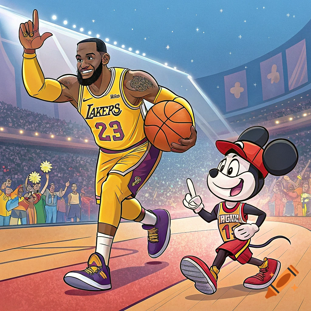 Cartoon Lebron James and Mickey Mouse playing basketball in an arena ...