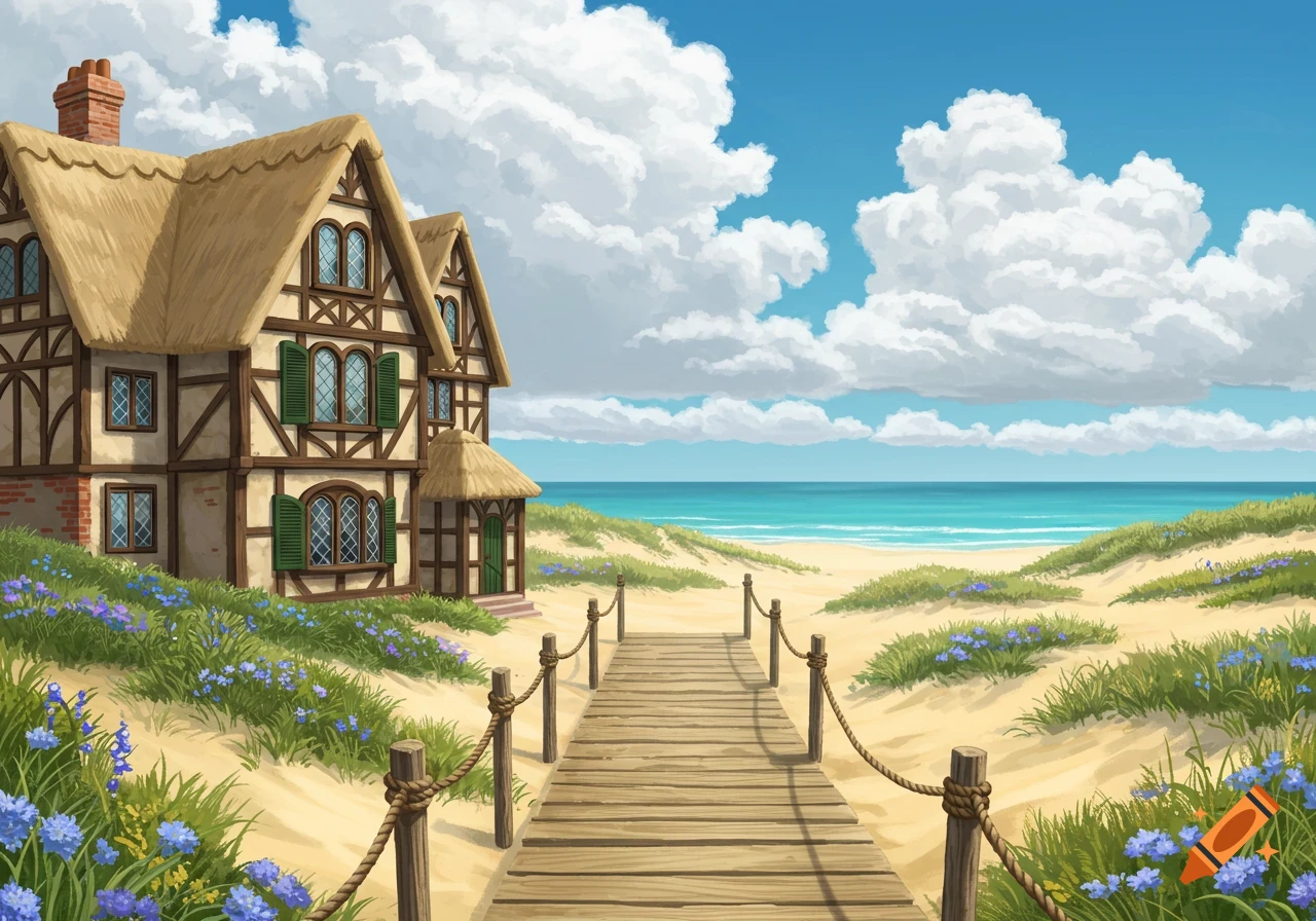A Tudor-style cottage on a sandy beach with a wooden boardwalk leading ...