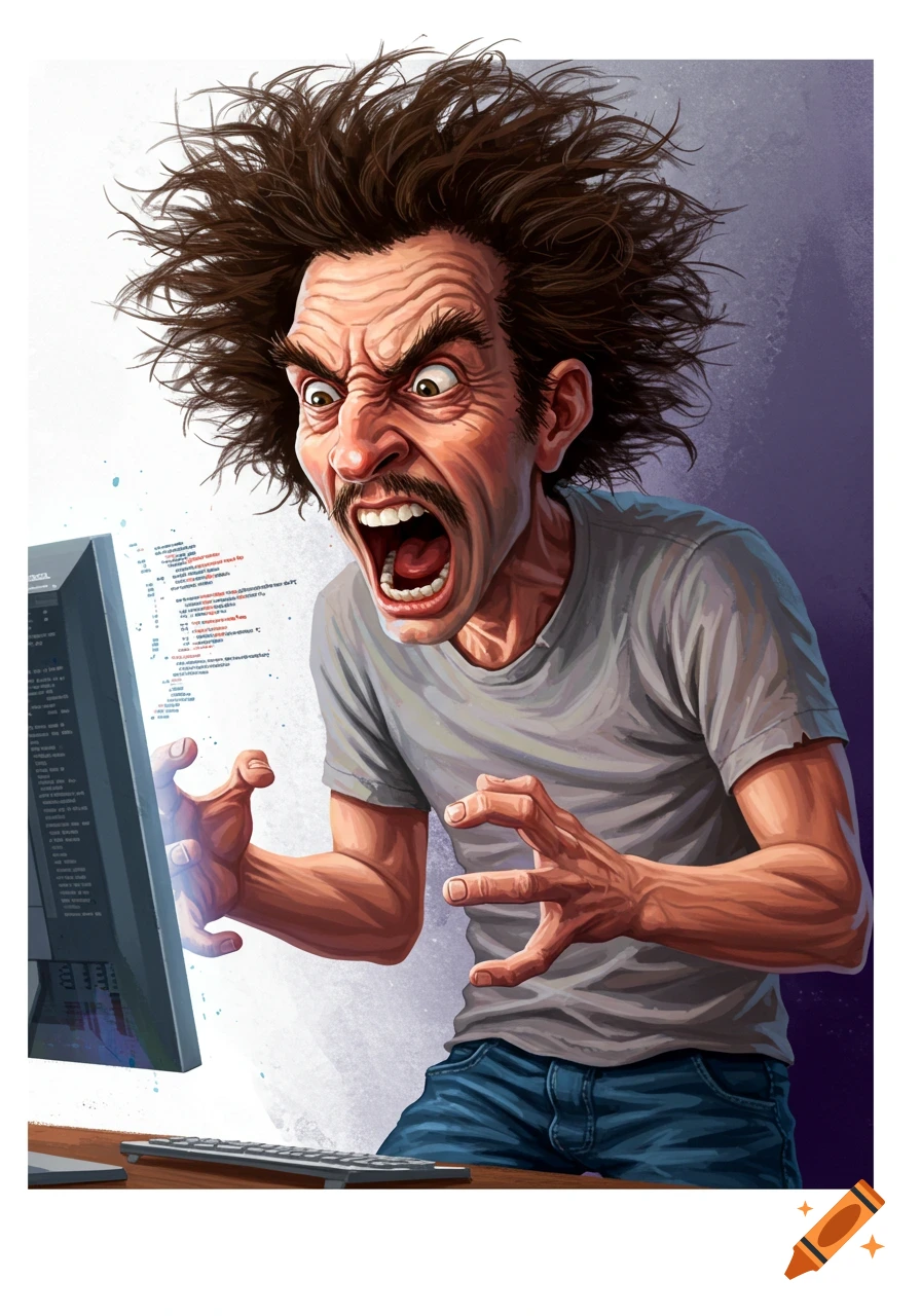 Cartoon illustration of a man with wild hair yelling angrily at a ...