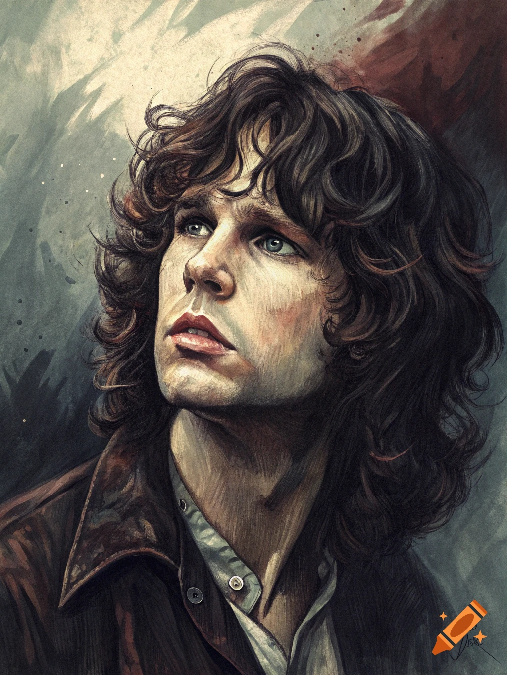 A stylized portrait of Jim Morrison in a painterly style. on Craiyon