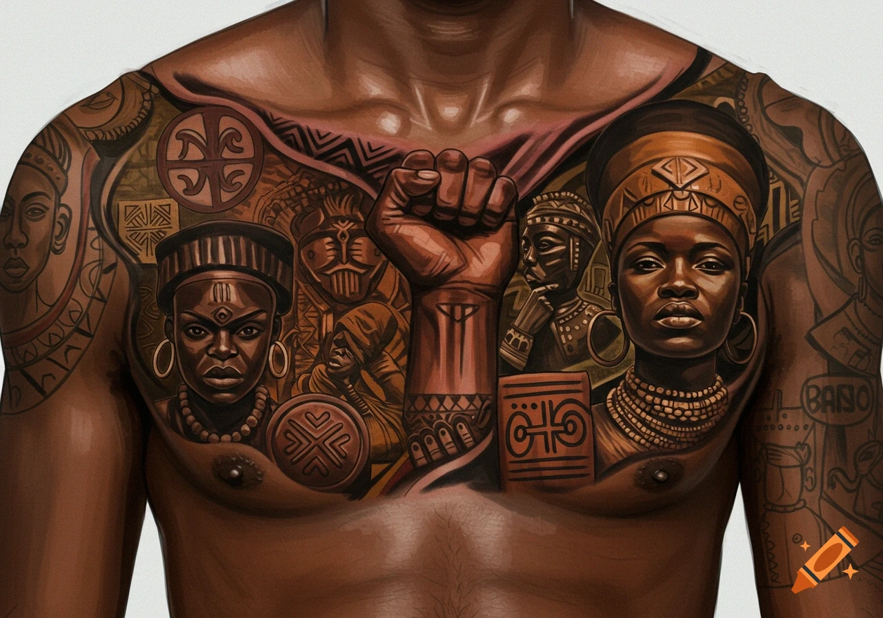 Chest tattoo featuring African faces, symbols, and a raised fist. on ...