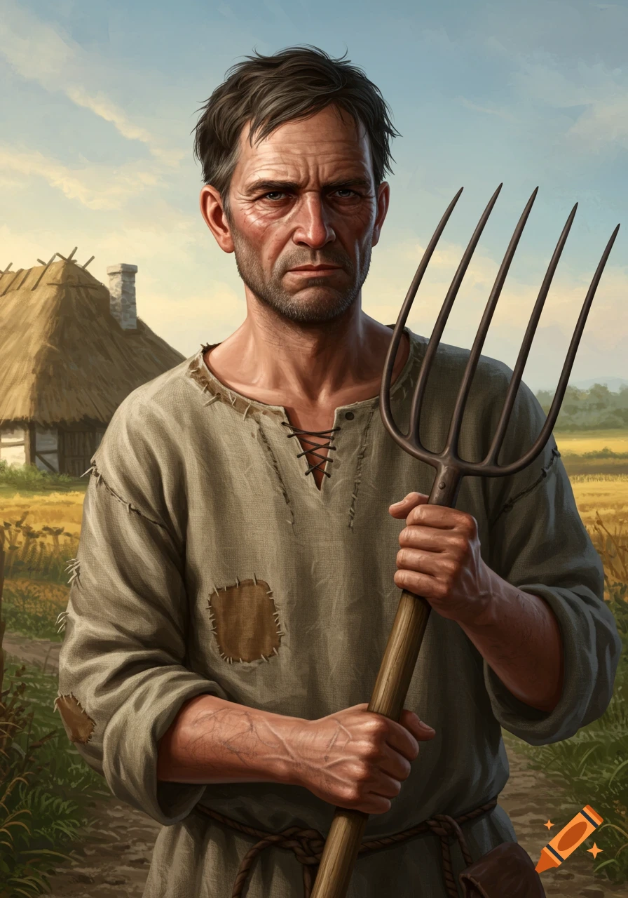 Portrait of a medieval farmer holding a pitchfork in a field on Craiyon