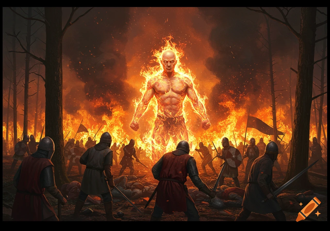 A bald man made of fire battles medieval soldiers in a burning forest ...