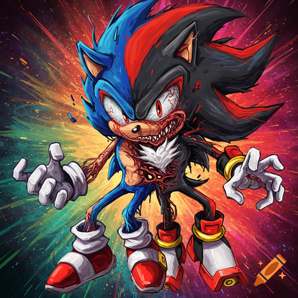 Stylized illustration of Sonic and Shadow merged, with exposed organs ...