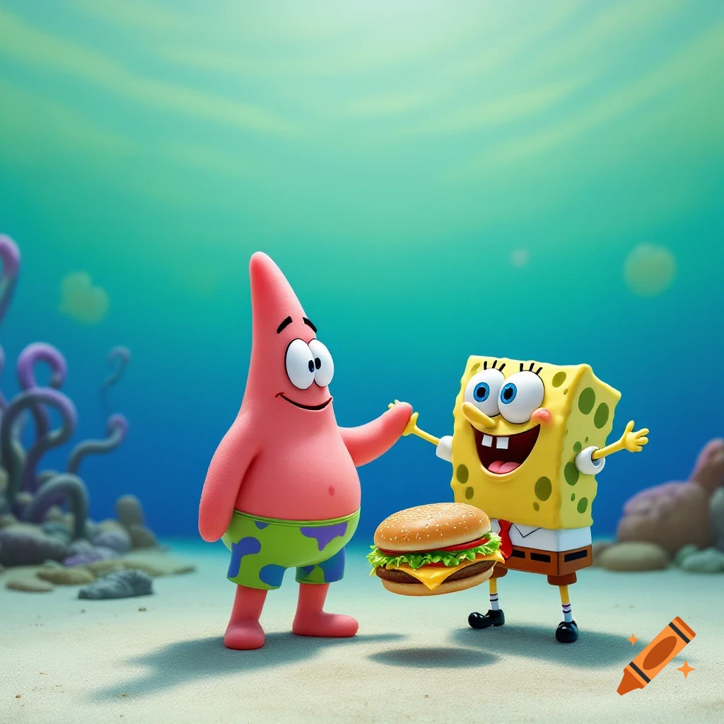 Patrick and Spongebob hold a burger underwater. on Craiyon