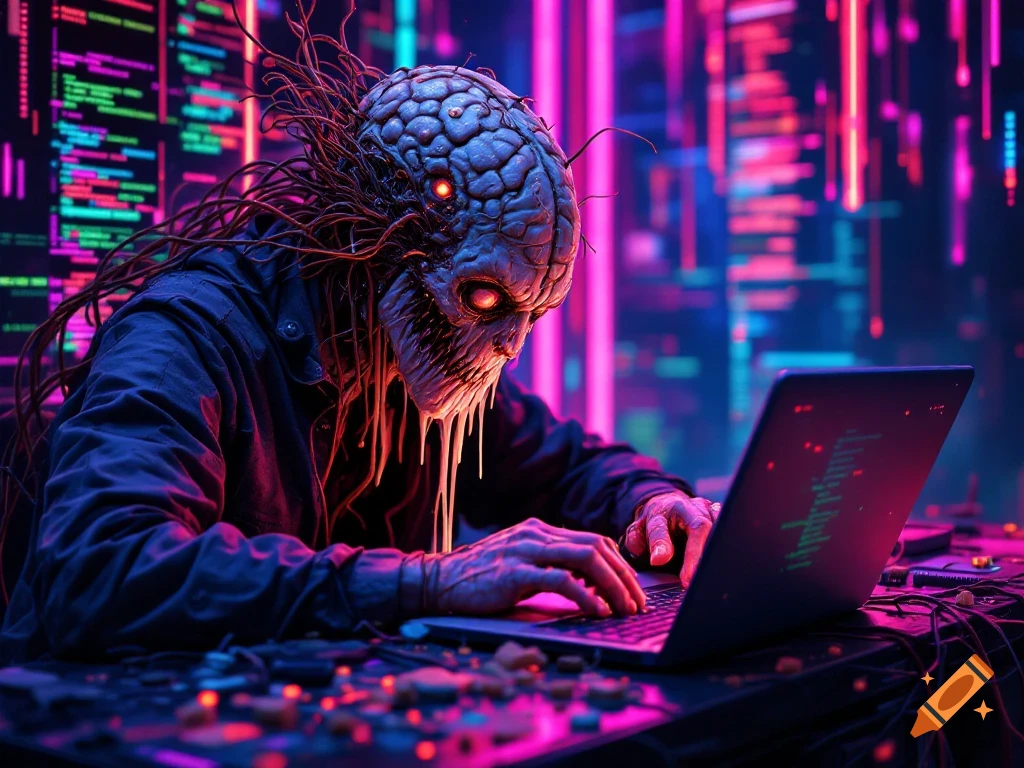 A grotesque creature with exposed brain and dripping face types on a ...