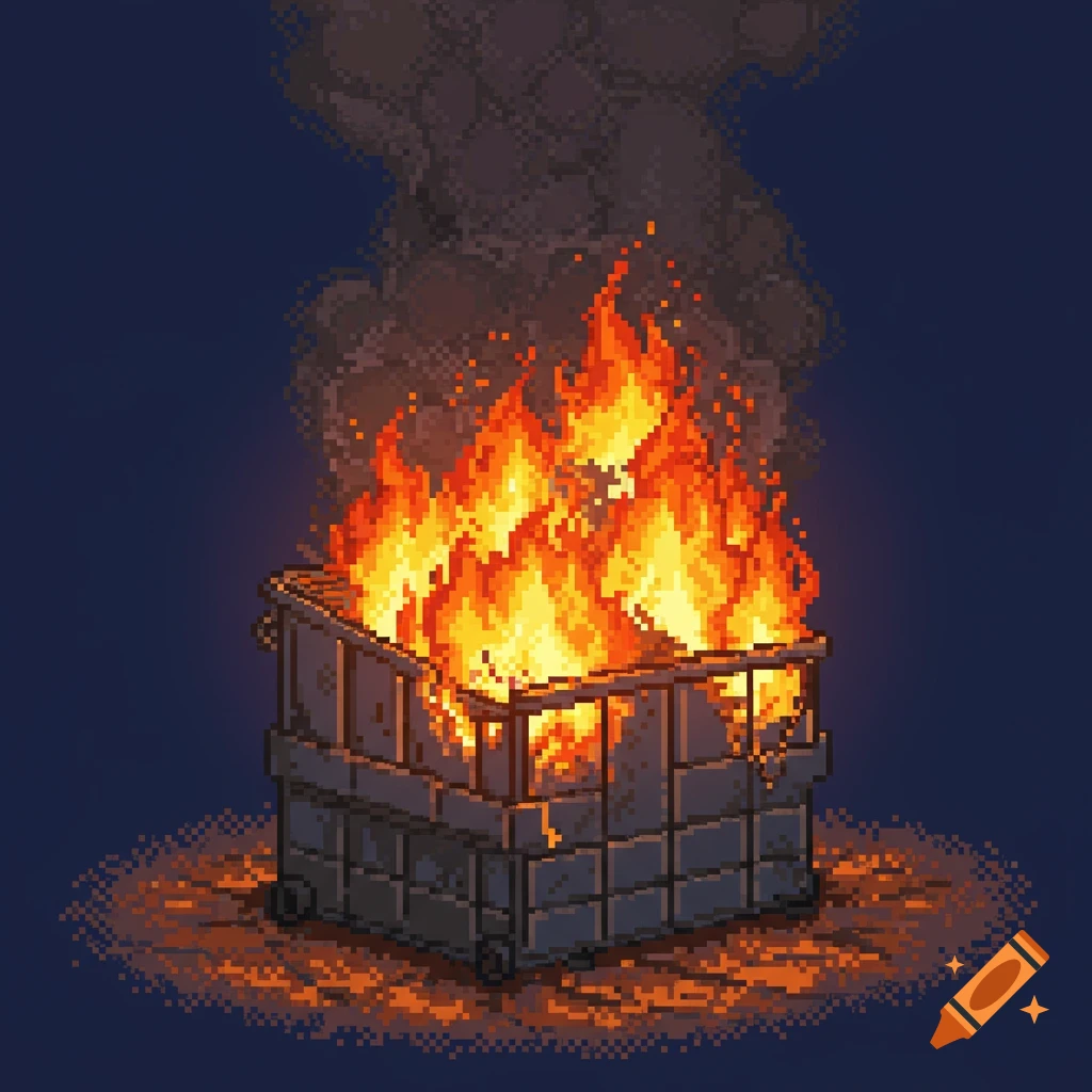 A pixel art image of a large dumpster engulfed in flames, with smoke ...