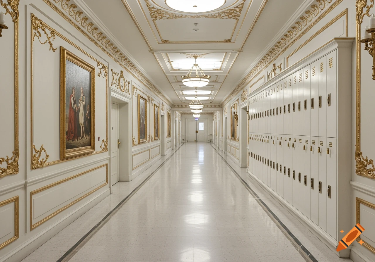 Luxurious school hallway with white and gold decor, chandeliers ...