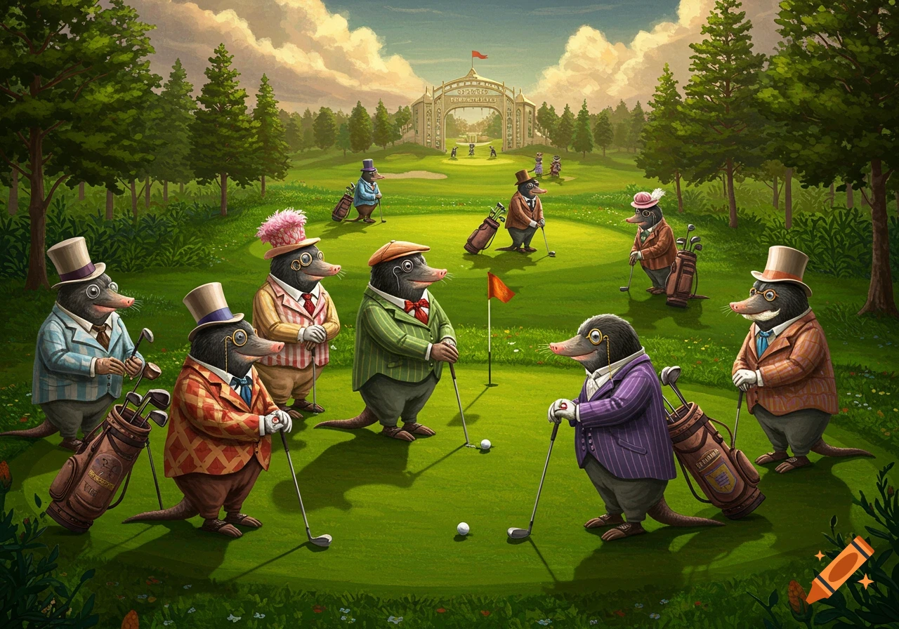 Illustration of moles in suits and hats playing golf on a sunny course ...