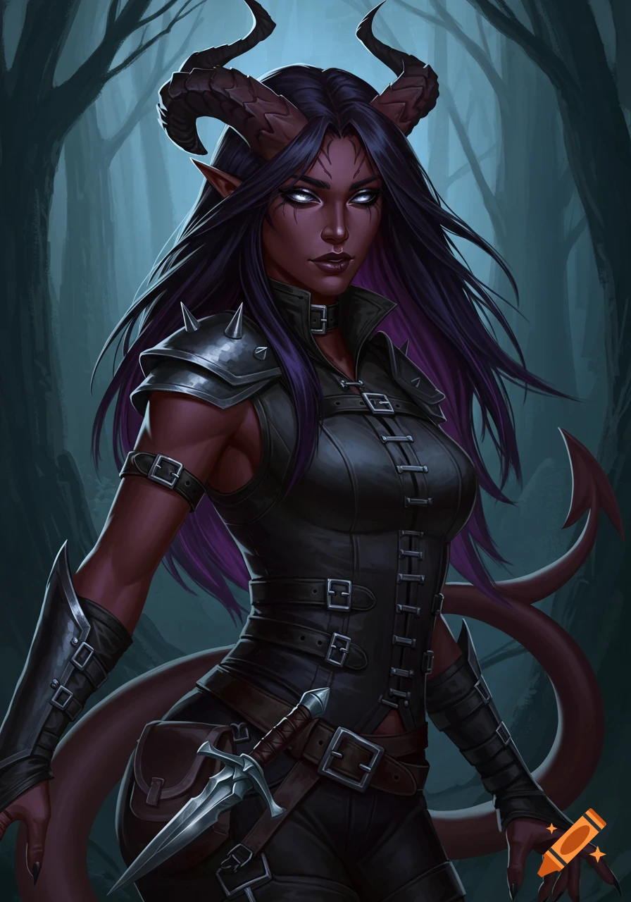 Female tiefling rogue with horns, chocolate skin, dark purple hair, silver eyes, and a tail ...