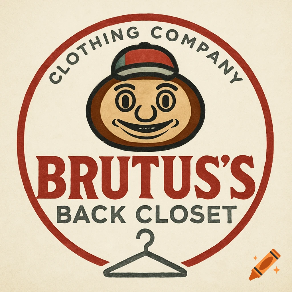 Logo with a cartoon face in a circle, text 'Brutus's Back Closet ...