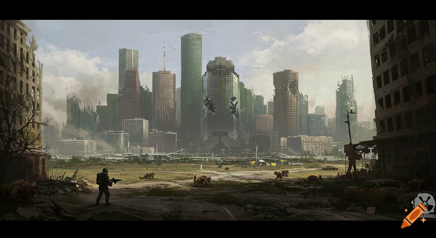 Post-apocalyptic cityscape with destroyed buildings, rubble, a figure ...
