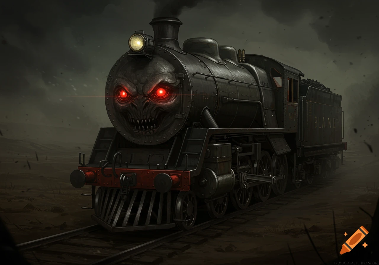 A black steam train with a monstrous face, glowing red eyes, and sharp ...