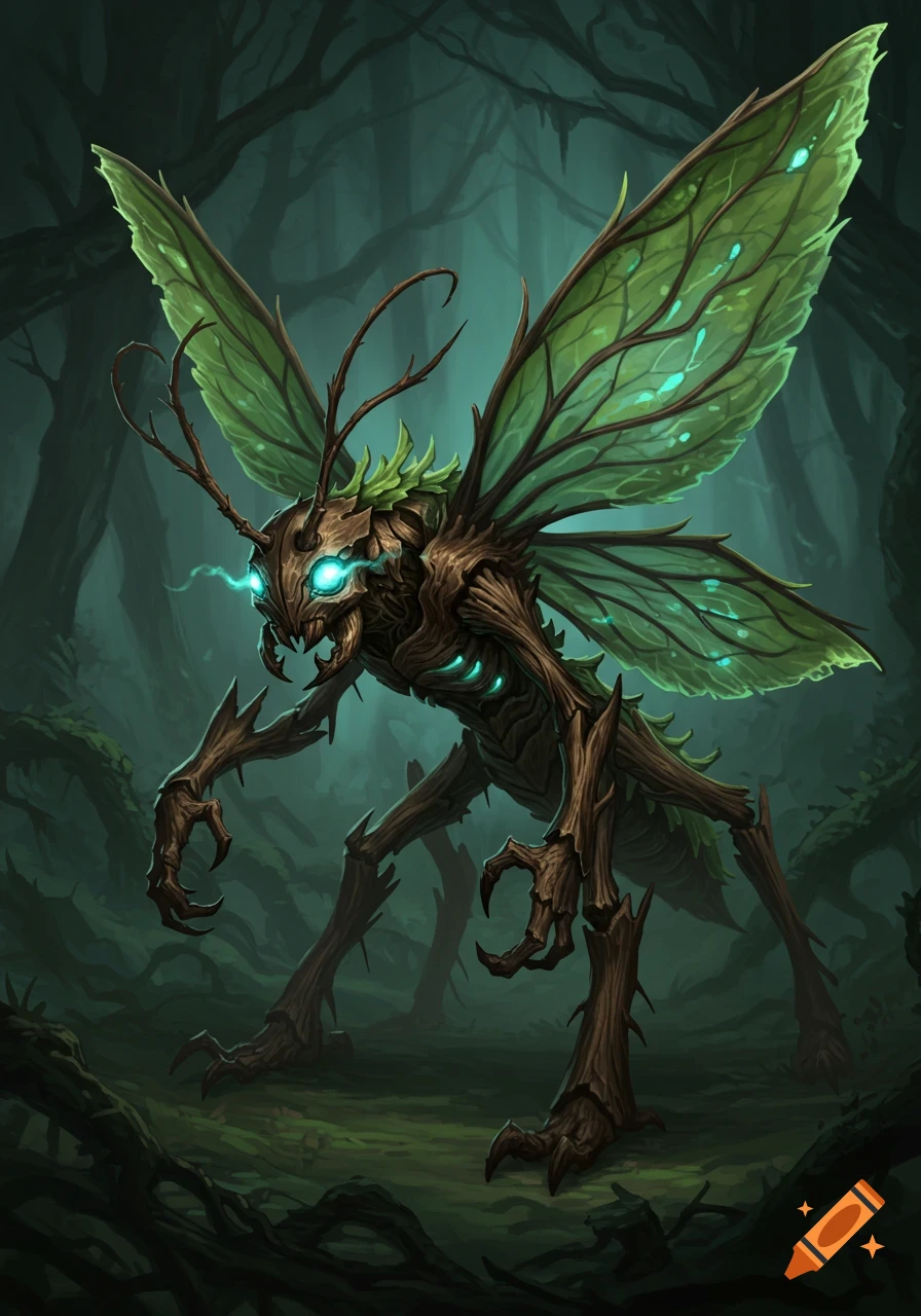 A monstrous insectoid creature made of wood and leaves in a dark ...