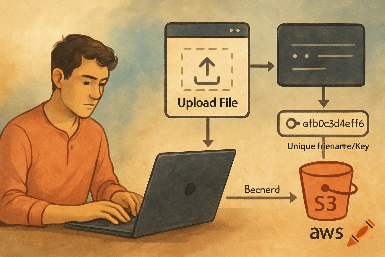 Illustration of a man using a laptop and a technical diagram showing ...