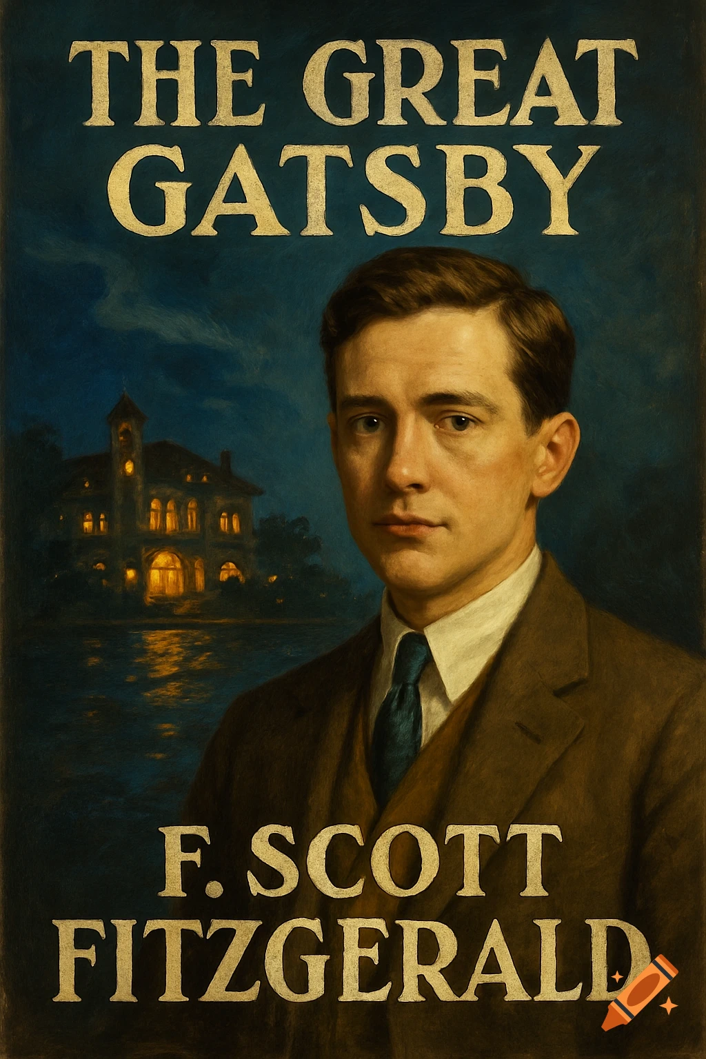 Painting of a man and a building by water with text 'The Great Gatsby ...