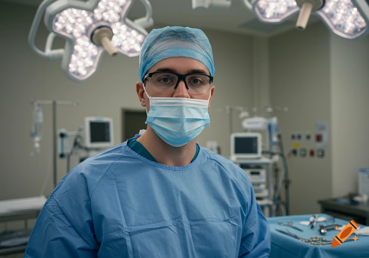A surgical technician wearing a mask and cap looks directly at the ...