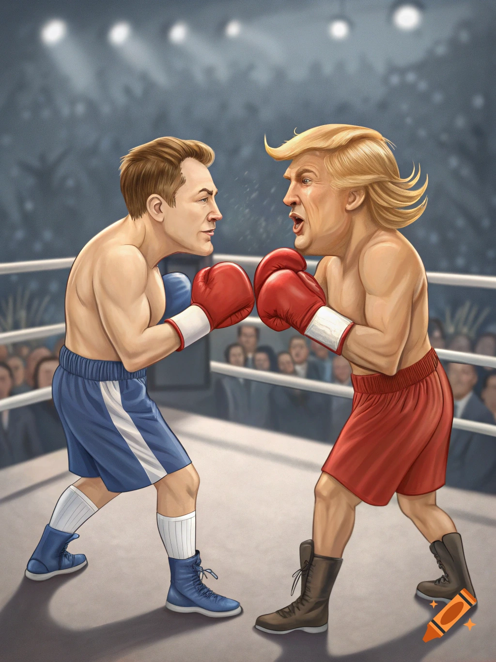 Illustration of caricatures resembling Trump and Musk boxing in a ring ...