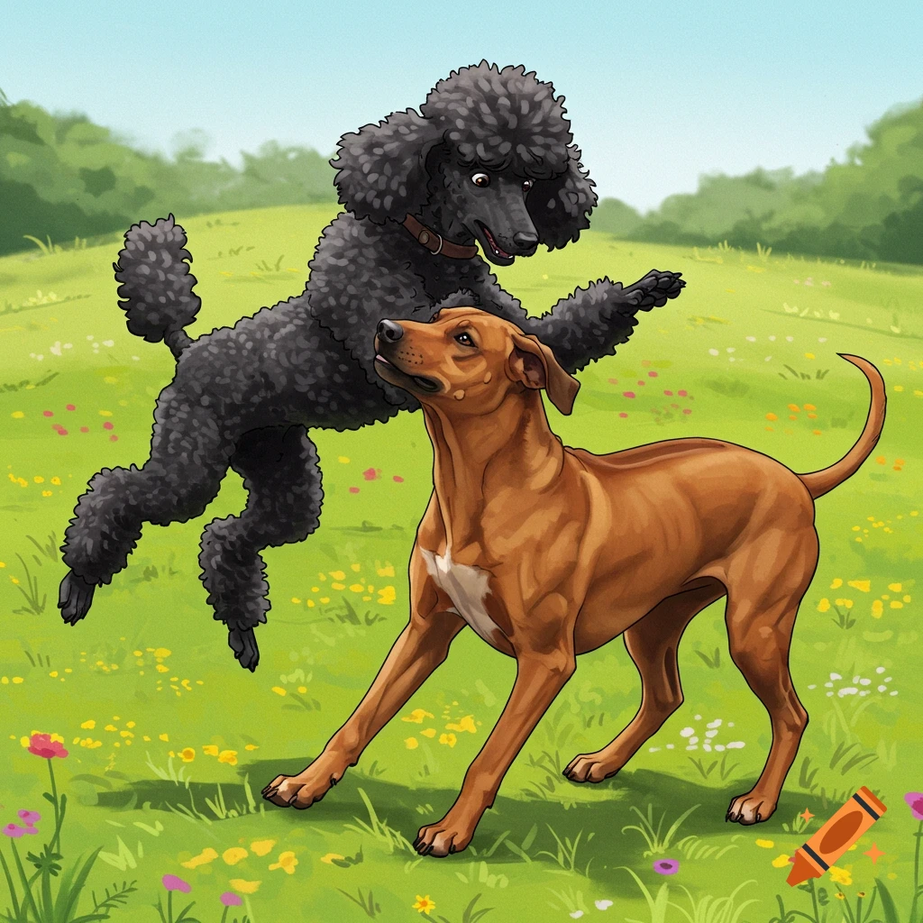 A black poodle and a brown Rhodesian Ridgeback wrestle in a grassy ...