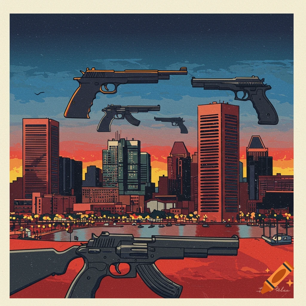 Stylized illustration of guns floating over the Baltimore city skyline ...