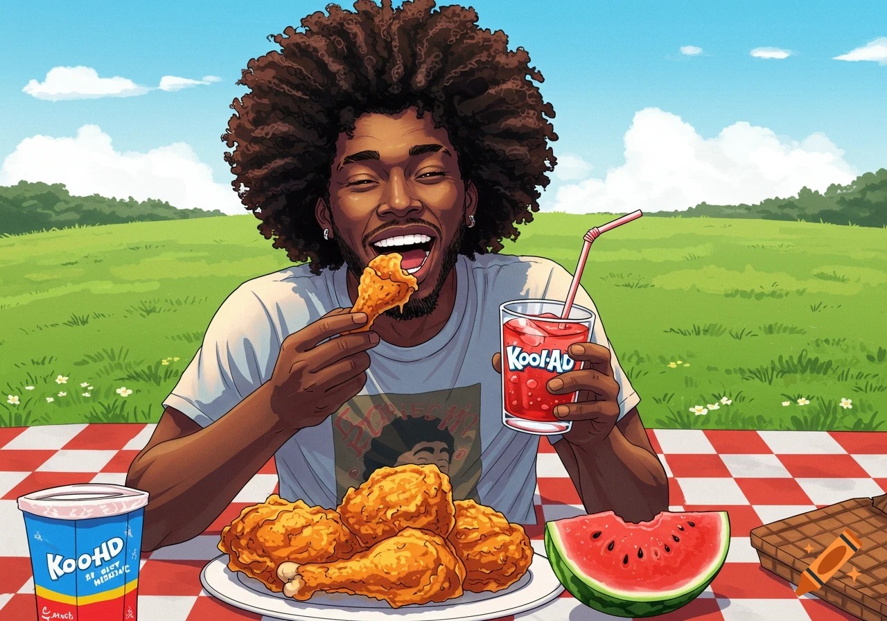 Illustration of a Black man with a large afro eating fried chicken and drinking Kool-Aid at a ...