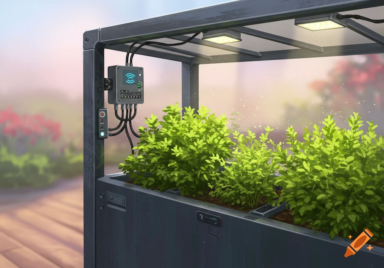 A high-tech smart planter box with green plants, sensors, and grow ...