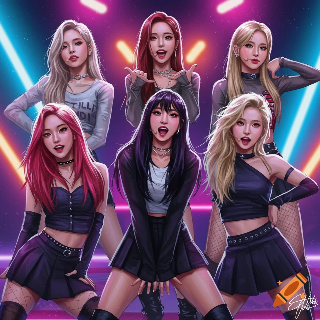 Illustration of a six-member kpop girl group posing on a stage with ...