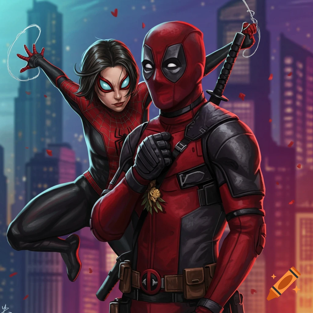 Deadpool holds a rose while Spider-Woman poses against a city skyline ...