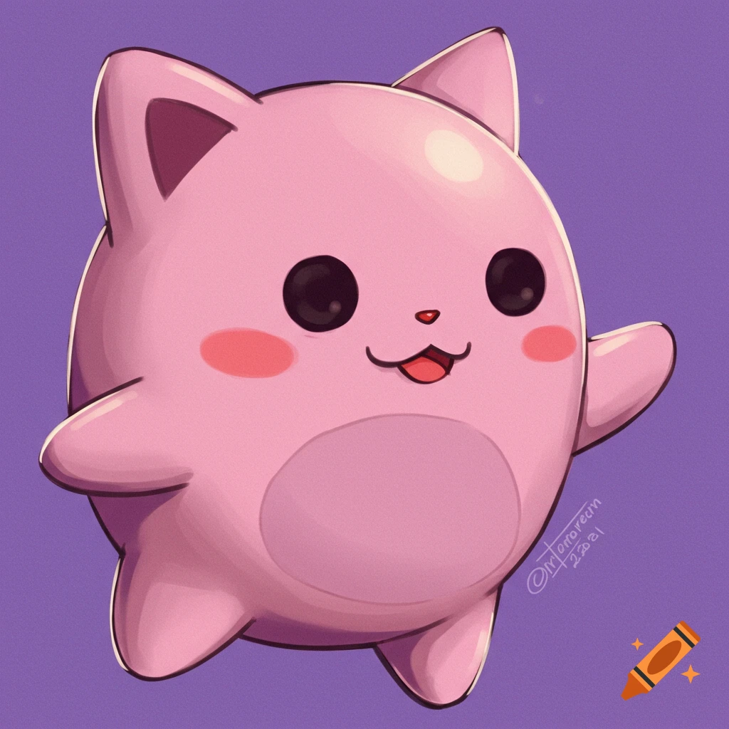 A cute, pink, round creature with big eyes and rosy cheeks stands on a ...