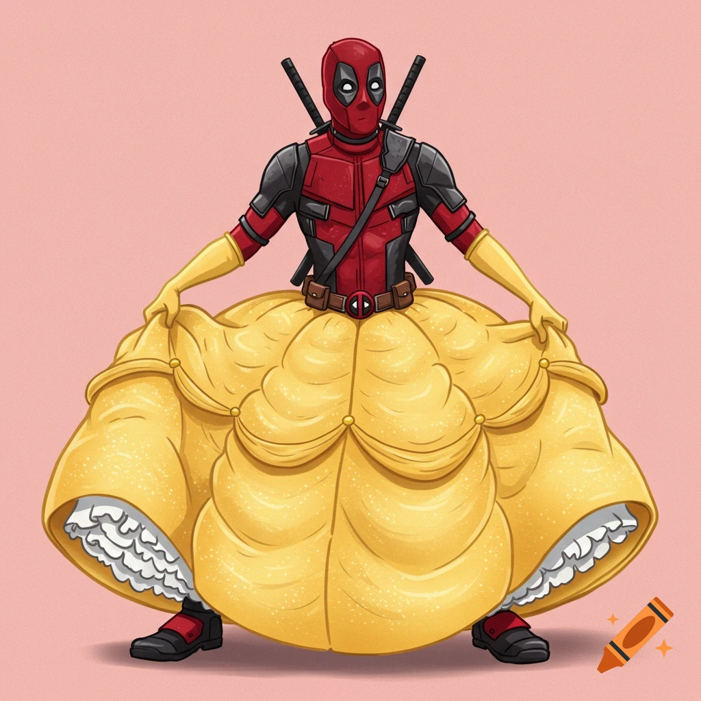 Deadpool in a yellow princess gown against a pink background. on Craiyon