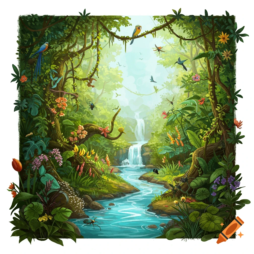 A vibrant illustration of a jungle ecosystem with a waterfall, river ...