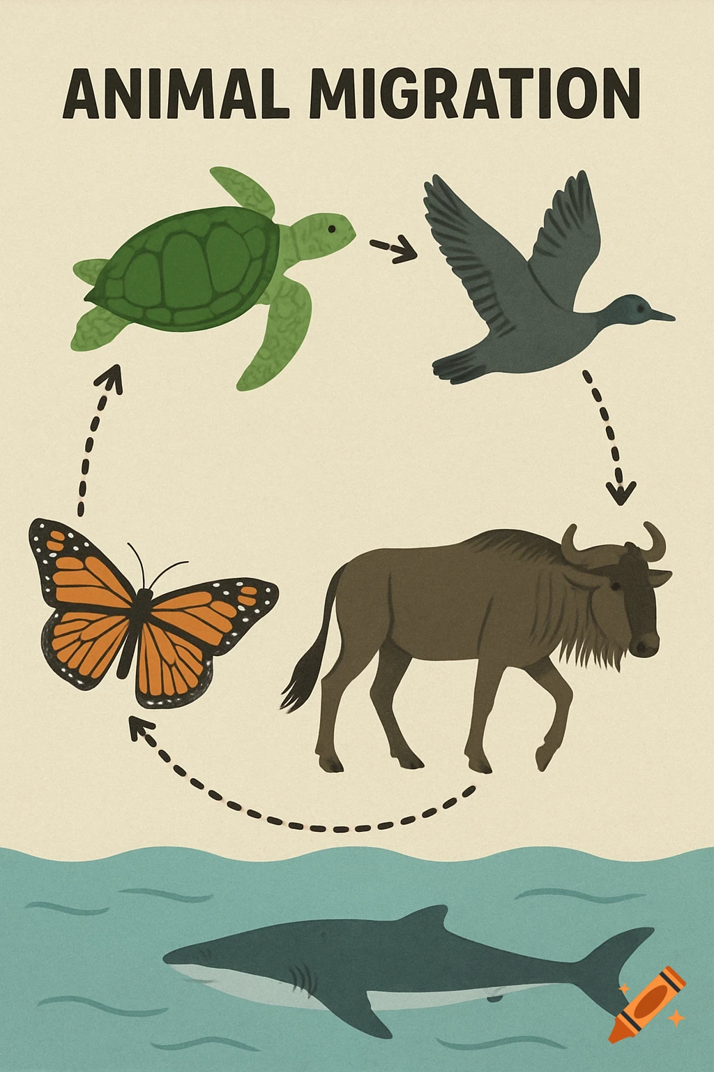 Illustration of an animal migration diagram with a turtle, bird ...