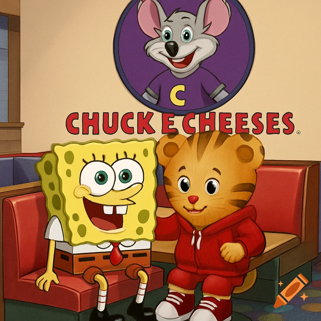 SpongeBob and Daniel Tiger sitting in a booth at a Chuck E. Cheese ...