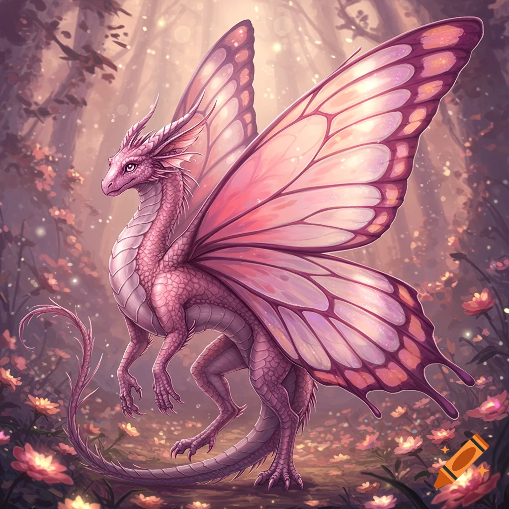 A pink dragon with large butterfly wings stands in a sun-dappled forest ...
