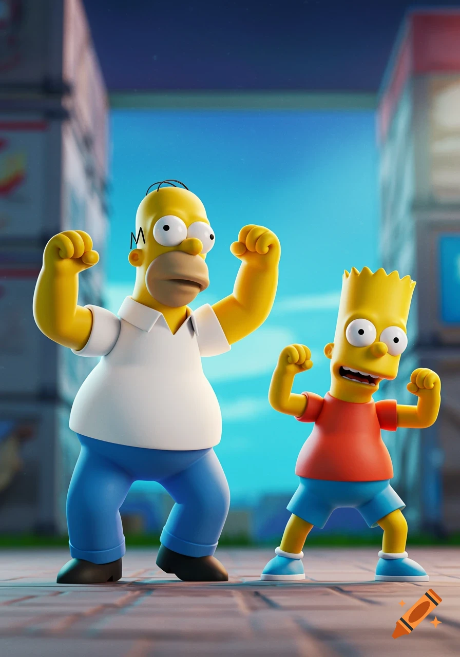 3D render of Homer and Bart Simpson doing the Griddy dance on a street ...