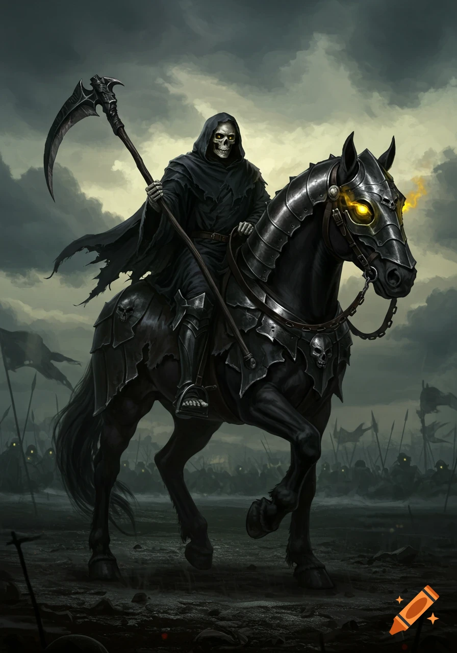 Grim Reaper rides a black armored war horse holding a scythe on a ...