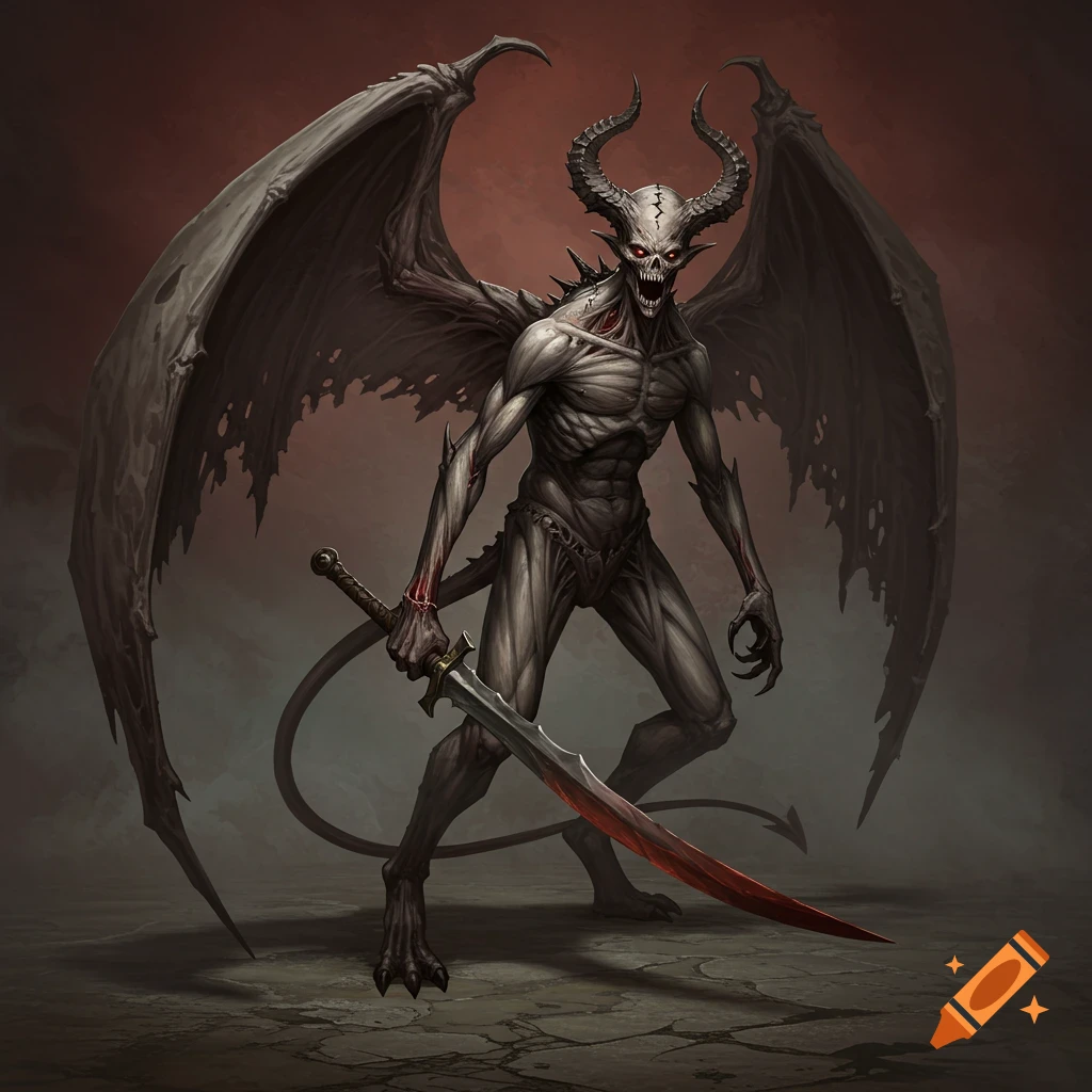A grotesque demon with wings, horns, and a sword. on Craiyon