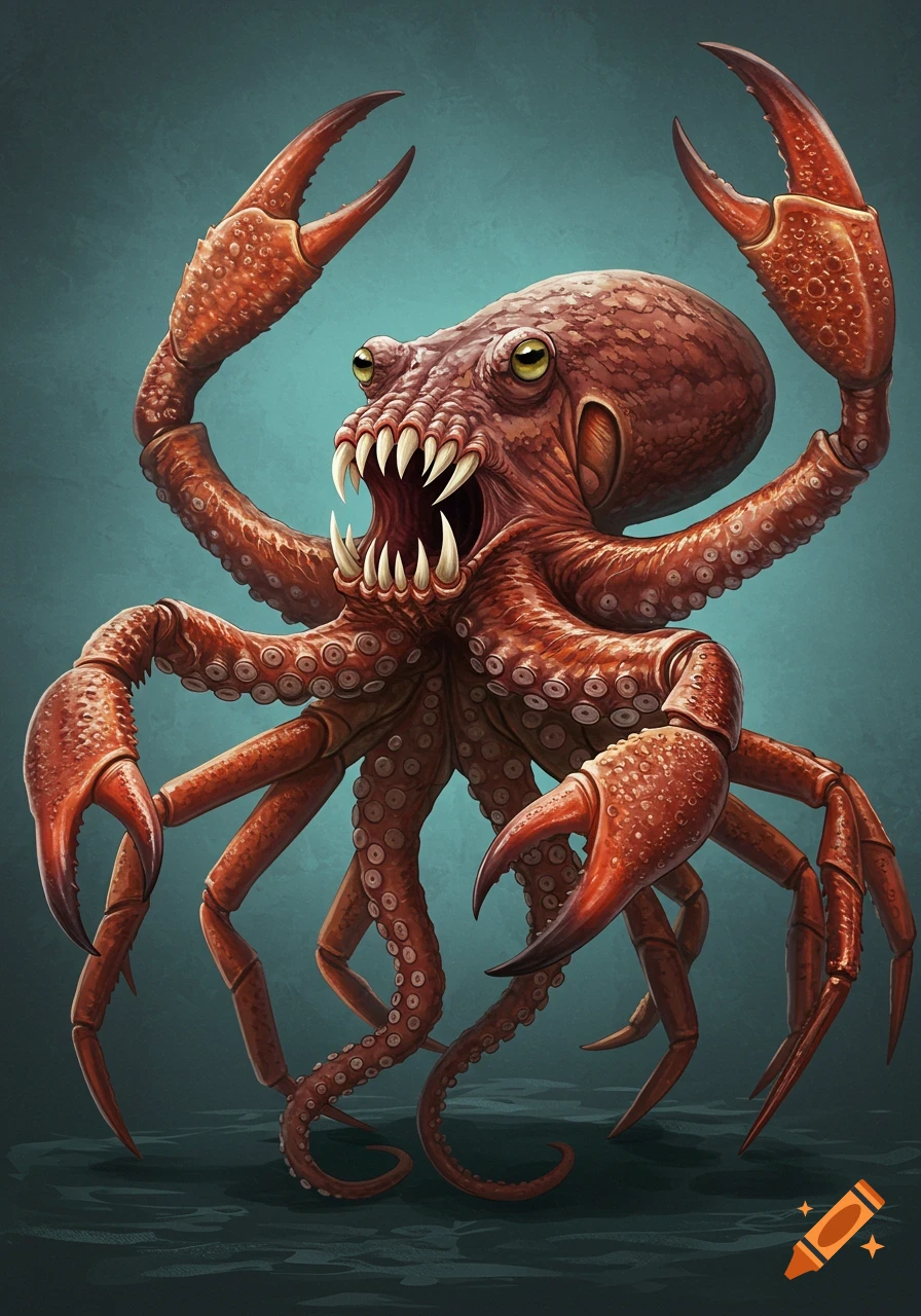 An illustration of a red octopus and crab hybrid creature with sharp ...
