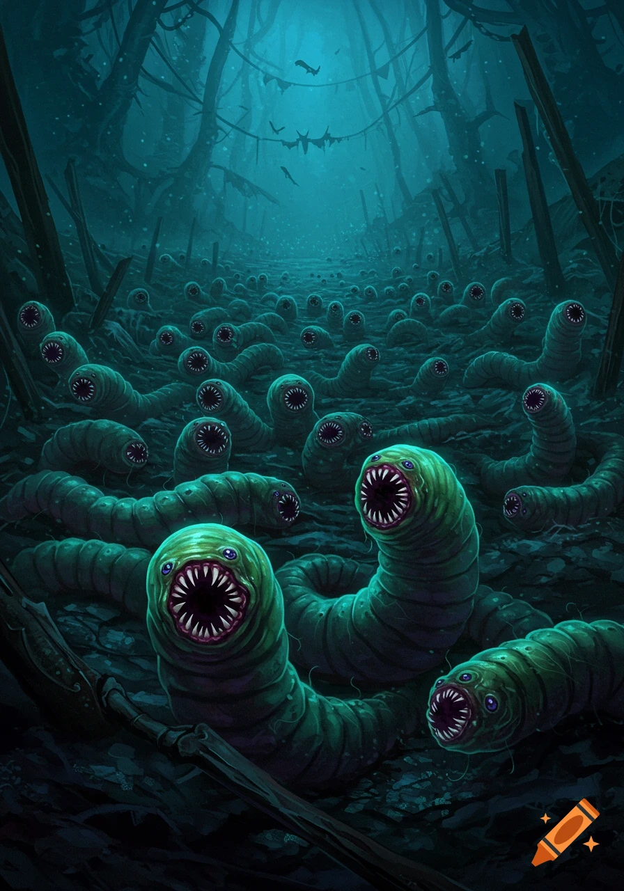 A multitude of green monstrous worms with sharp teeth emerge from the ...